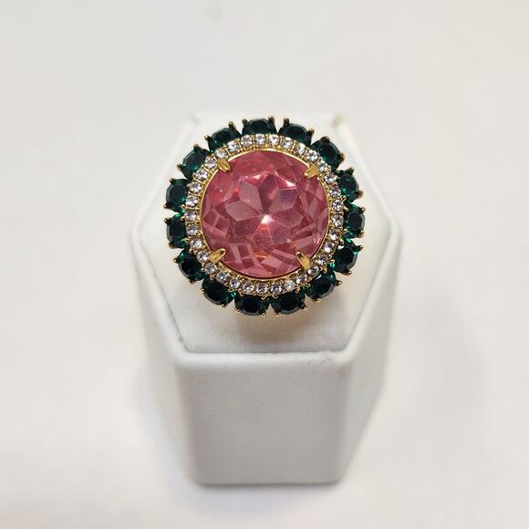 J. Crew | Jewelry | J Crew Pink Green Crystal Round Cocktail Ring Gold ...